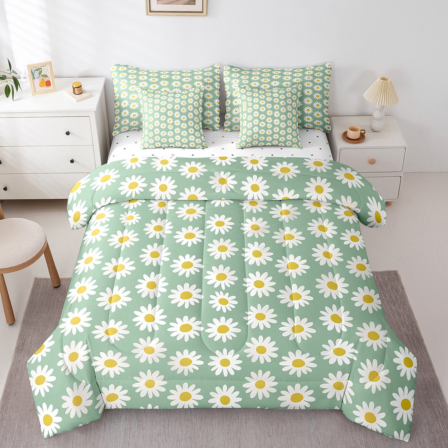 7 Piece Daisy Bed in a Bag Full Daisy Floral Green Bedding Set,Hippie ...