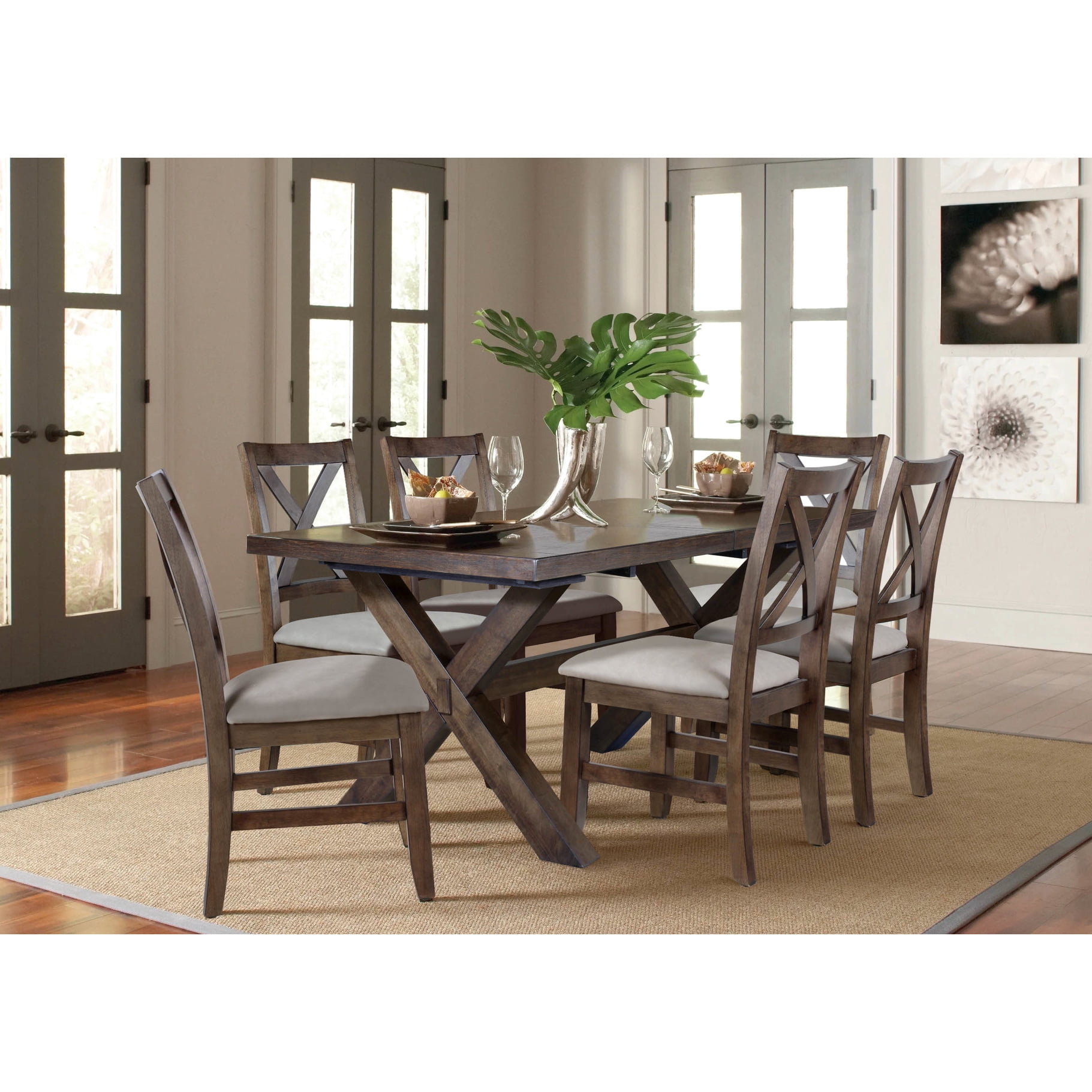 7 Piece Dark Brown Dining Ensemble - Plank Top Table Side Chair Support ...