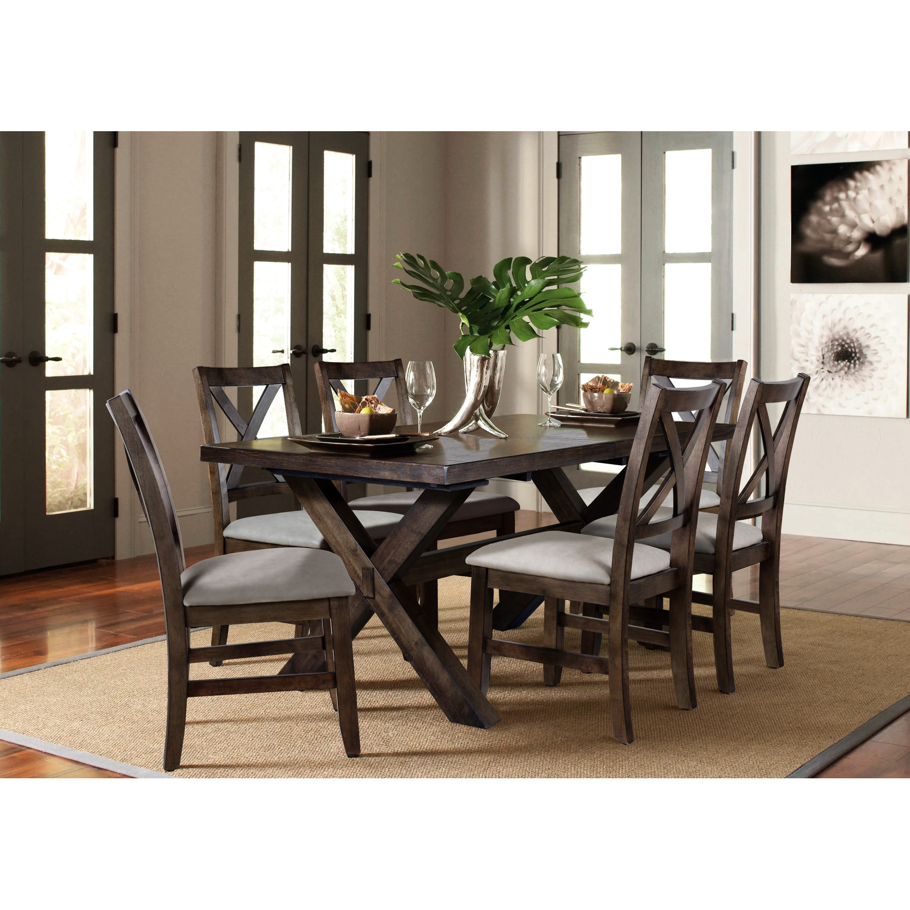 7 Piece Dining In Dark Brown - Faux Exposed Wood Construction Table And ...