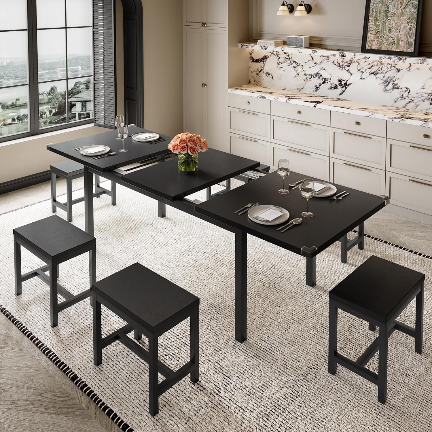 7-Piece Dining Room Table Set, Extendable Kitchen Table with 6 Stools ...