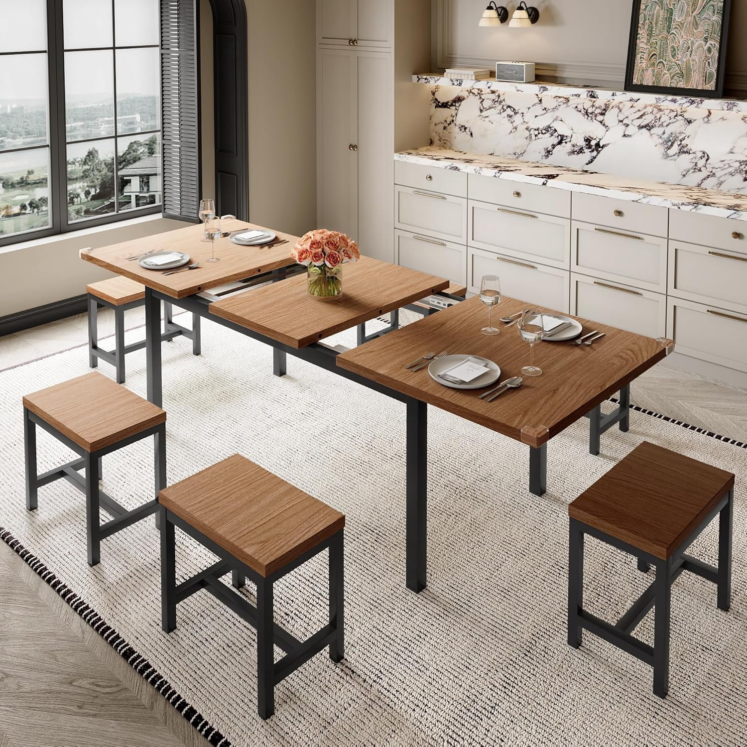 7-Piece Dining Room Table Set, Extendable Kitchen Table with 6 Stools ...
