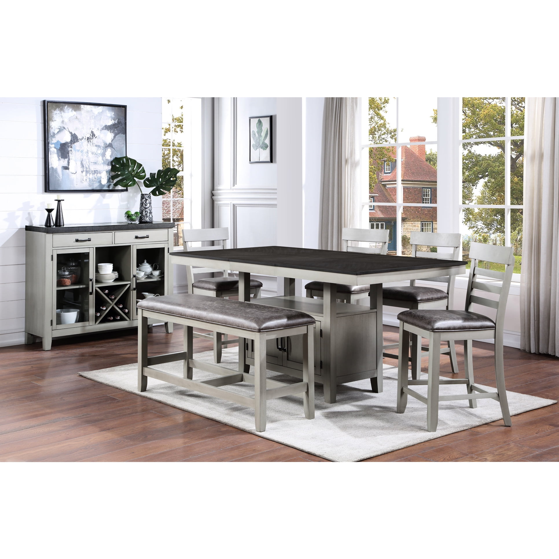 7 Piece Dining With Server In Pearl Silver - Built With Asian Hardwood ...