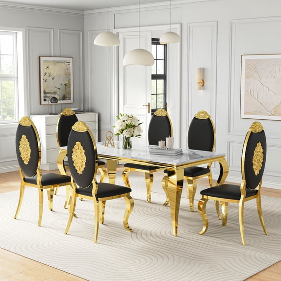 7-Piece Dining Set, 69" Rectangular Faux Marble Table and Luxurious 6 ...