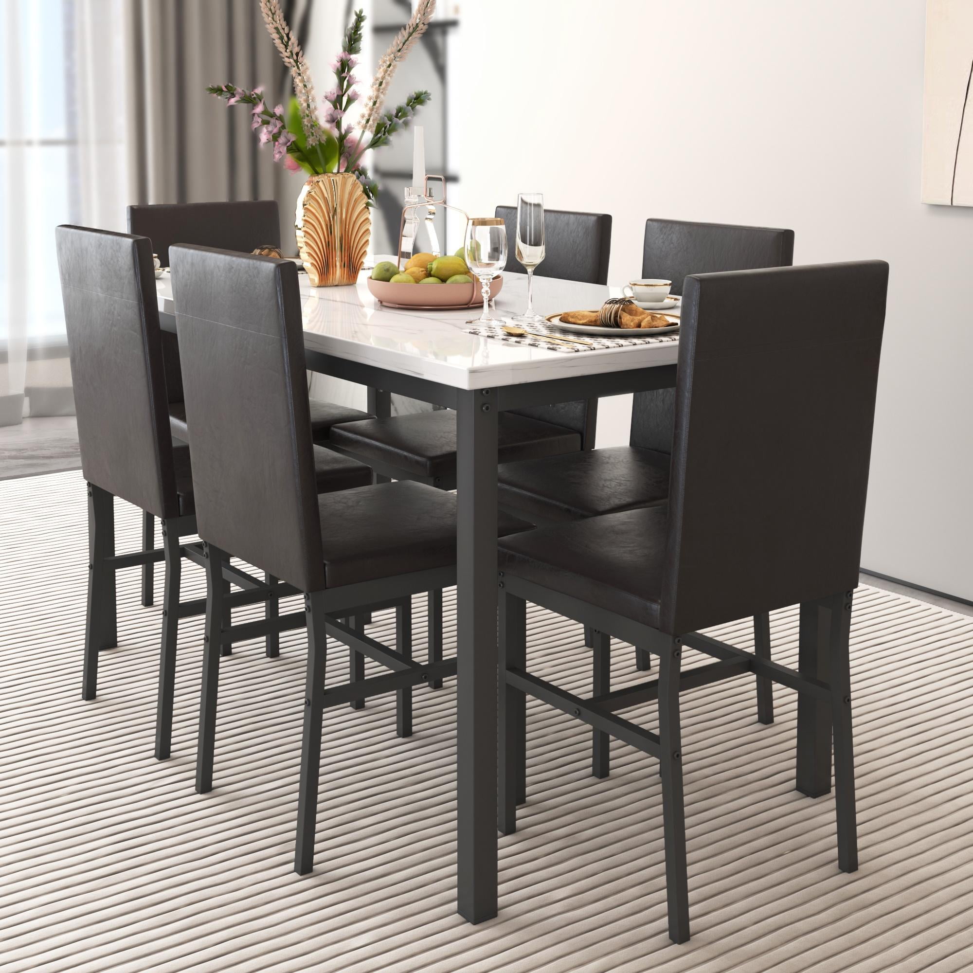 7 Piece Modern Dining Set, Faux Marble Table & 6 PU Leather Chairs ...