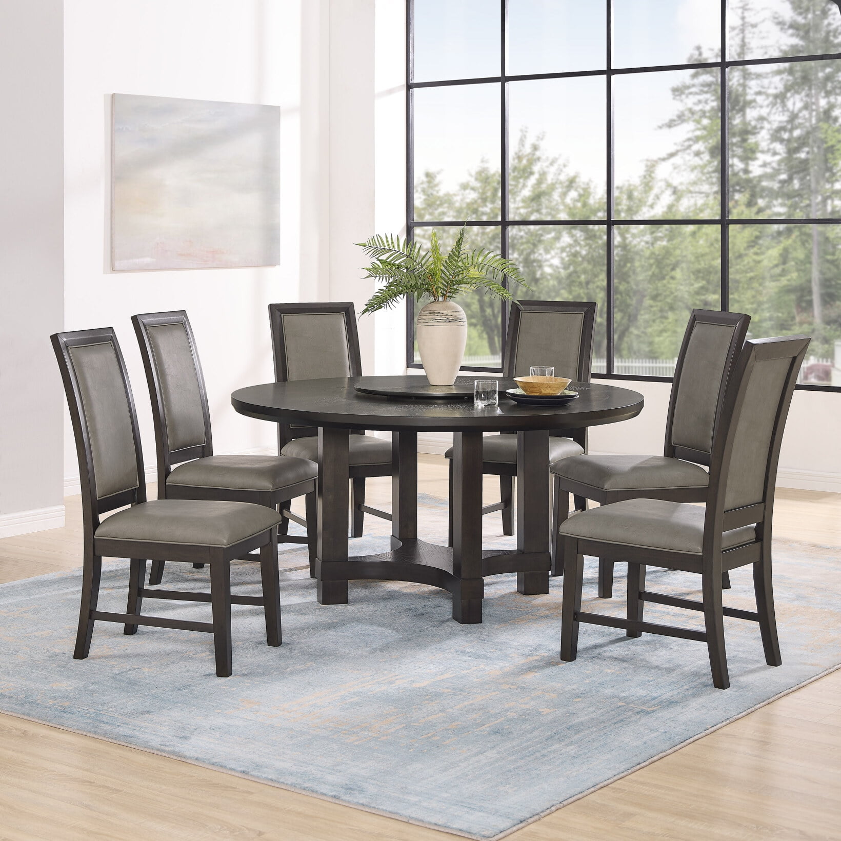 7-Piece Dining Set, Round Dining Table with Pedestal and 6 PU ...