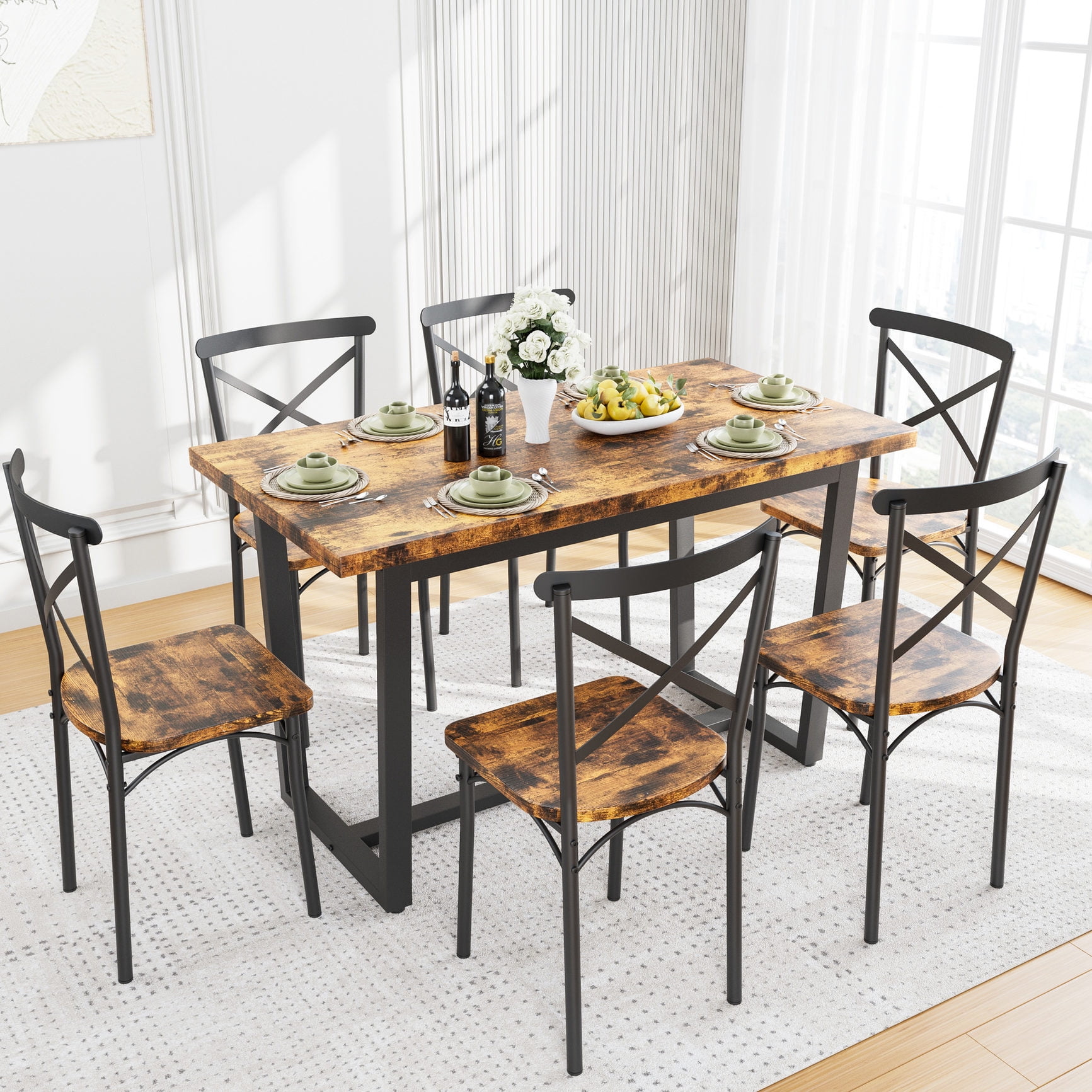 7 - Piece Dining Set in Brown MDF and Metal - Blend of Styles for ...