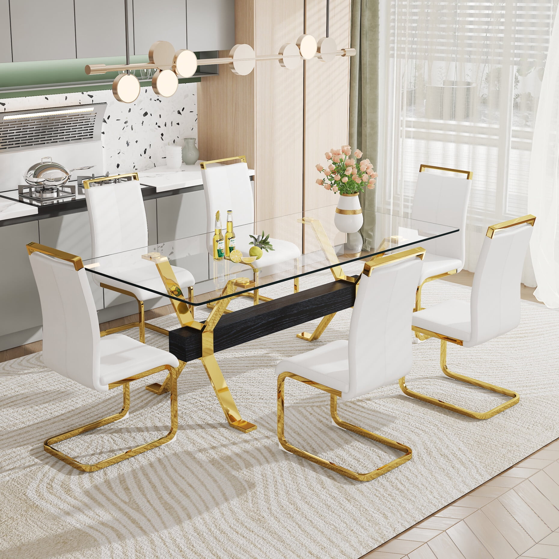 7 Piece Dining Table and Chair Set, Tempered Glass Table and 6 Kitchen ...