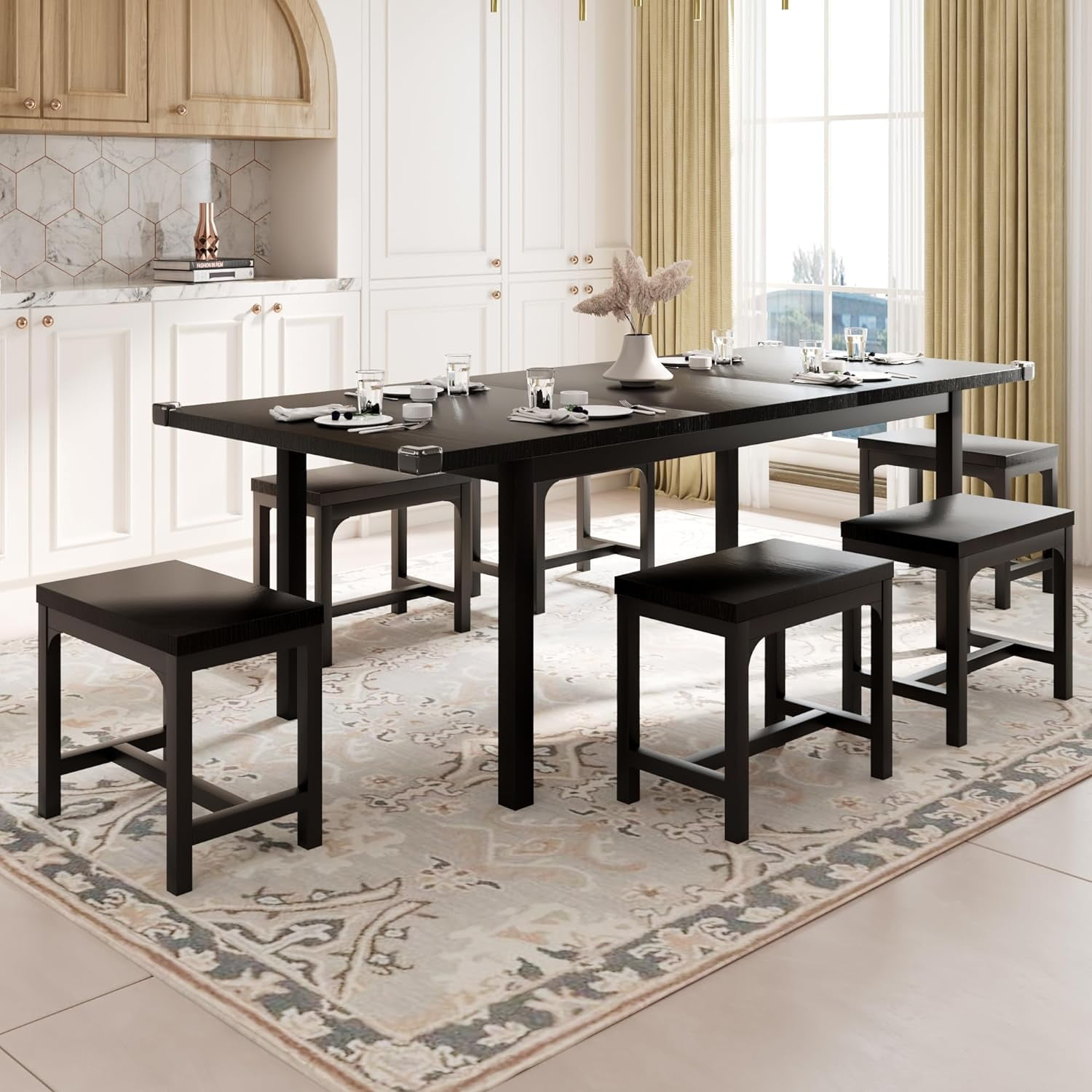 7-Piece Dining Table Set for 4-8, 63" Large Extendable Kitchen Table ...