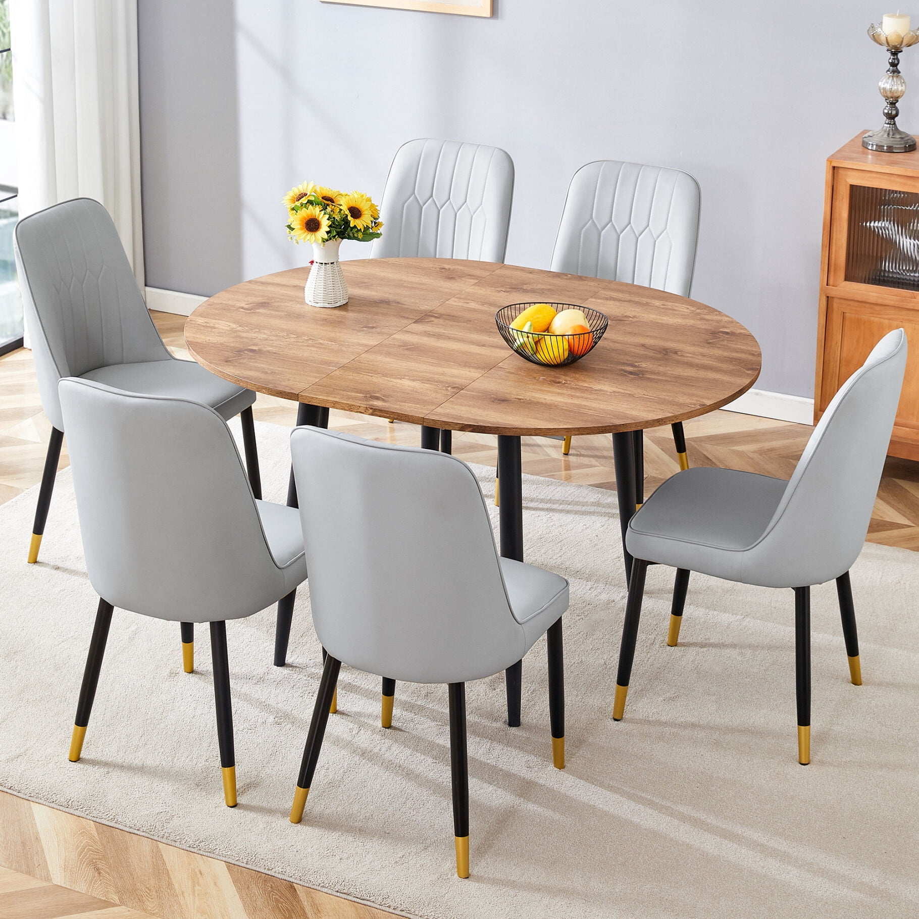 7 Piece Dining Table Set, 54" Extendable Kitchen Table with 6 PU Chairs ...