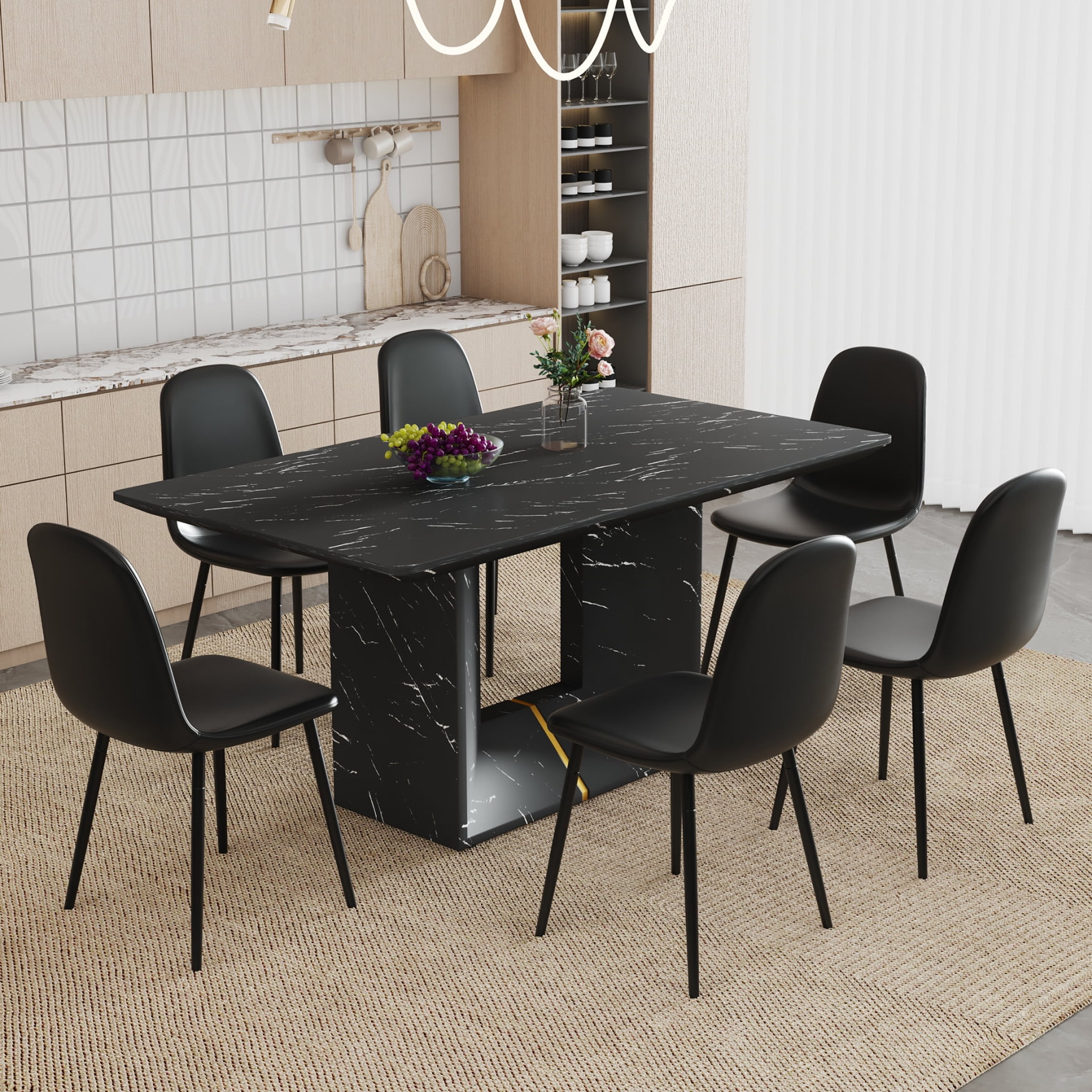 7 Piece Dining Table Set with 6 Chairs, 63" Kitchen Table and 6 Linen ...
