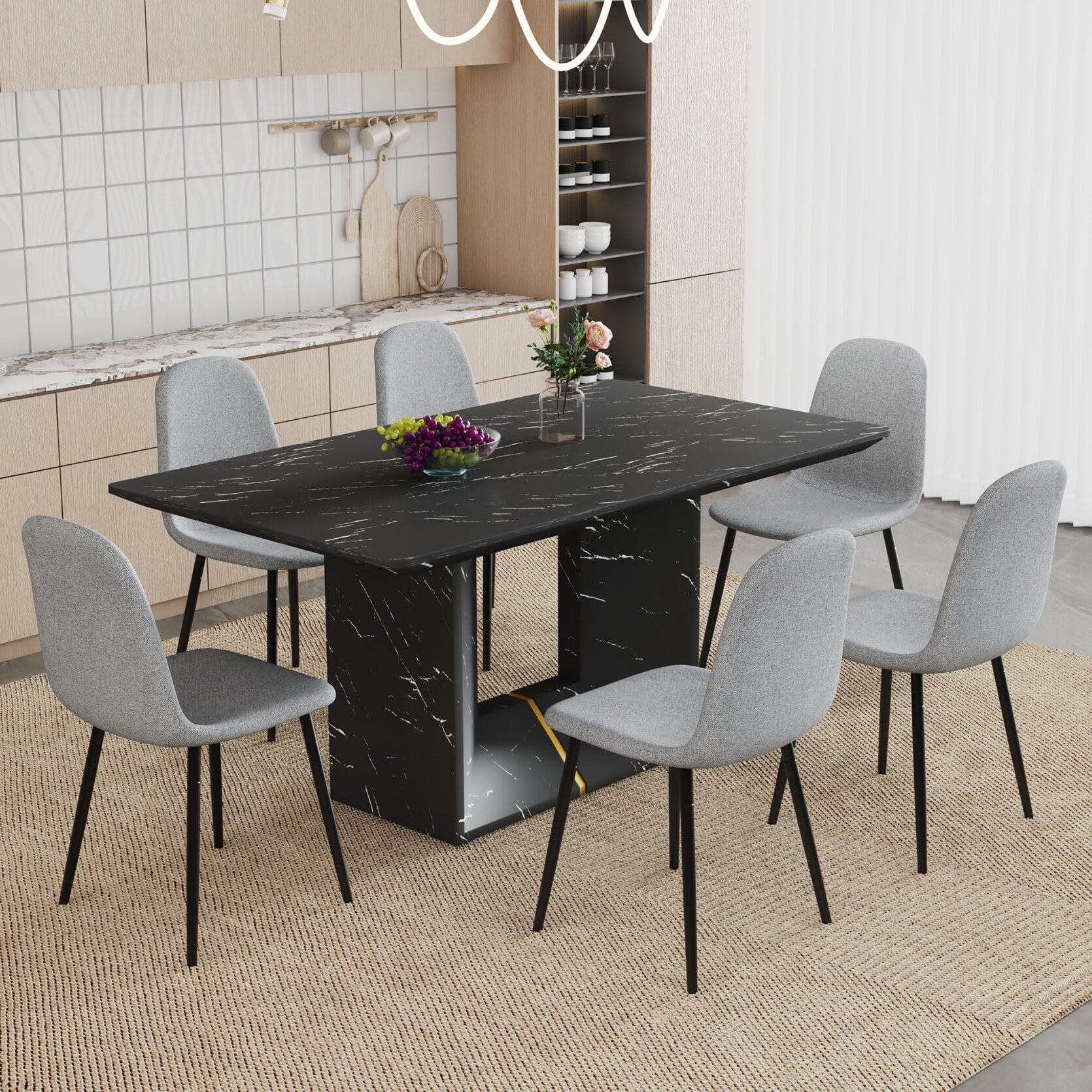 7 Piece Dining Table Set with 6 Chairs, 63" Kitchen Table and 6 Linen ...