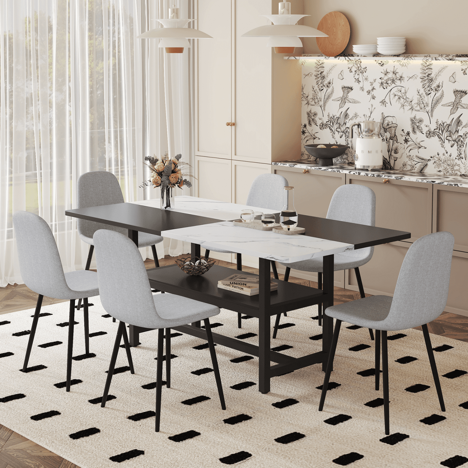 7-Piece Dining Table Set with 6 Chairs, 71" Modern Kitchen Table Set ...