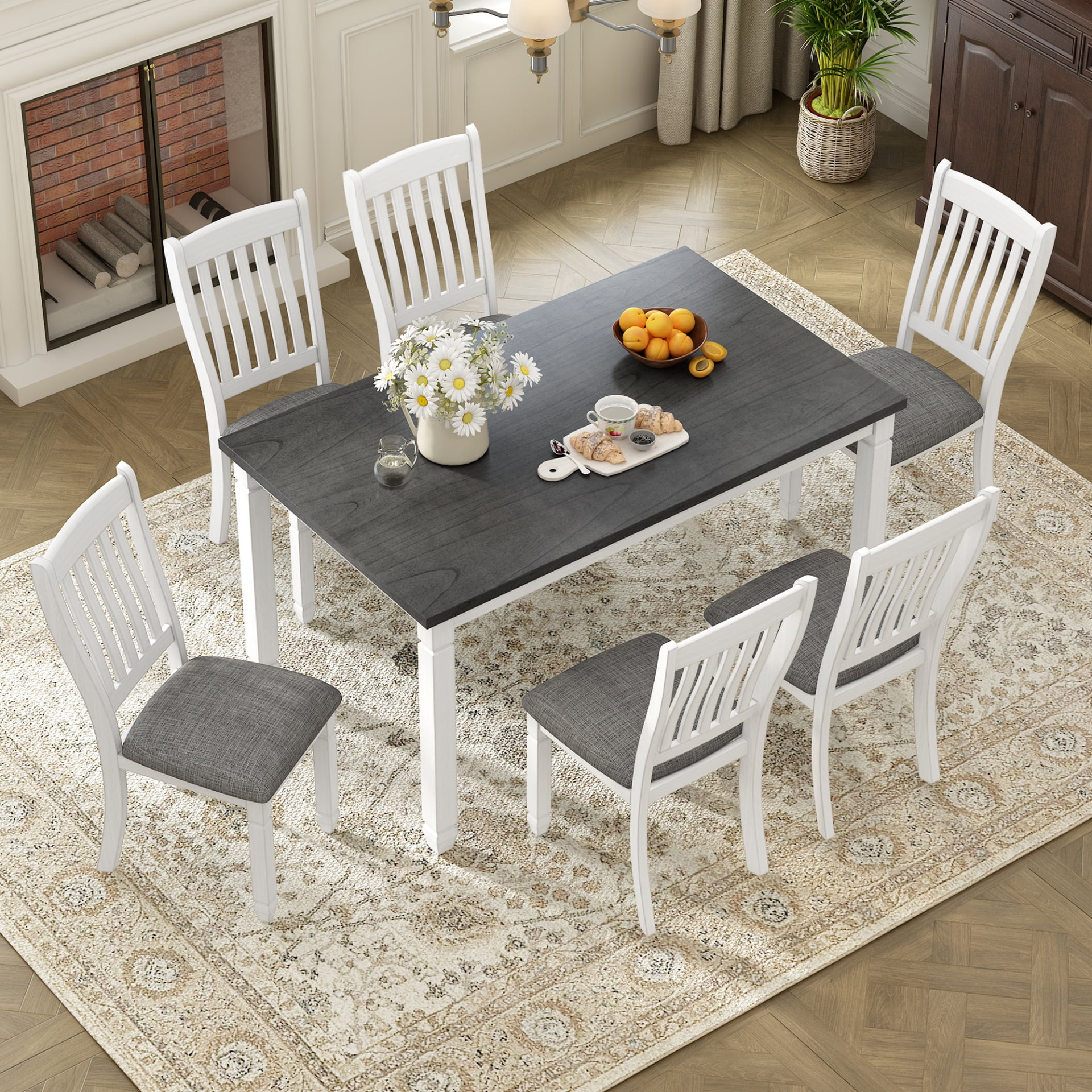7-Piece Dining Table Set for 6, Farmhouse Wooden Rectangular Kitchen ...