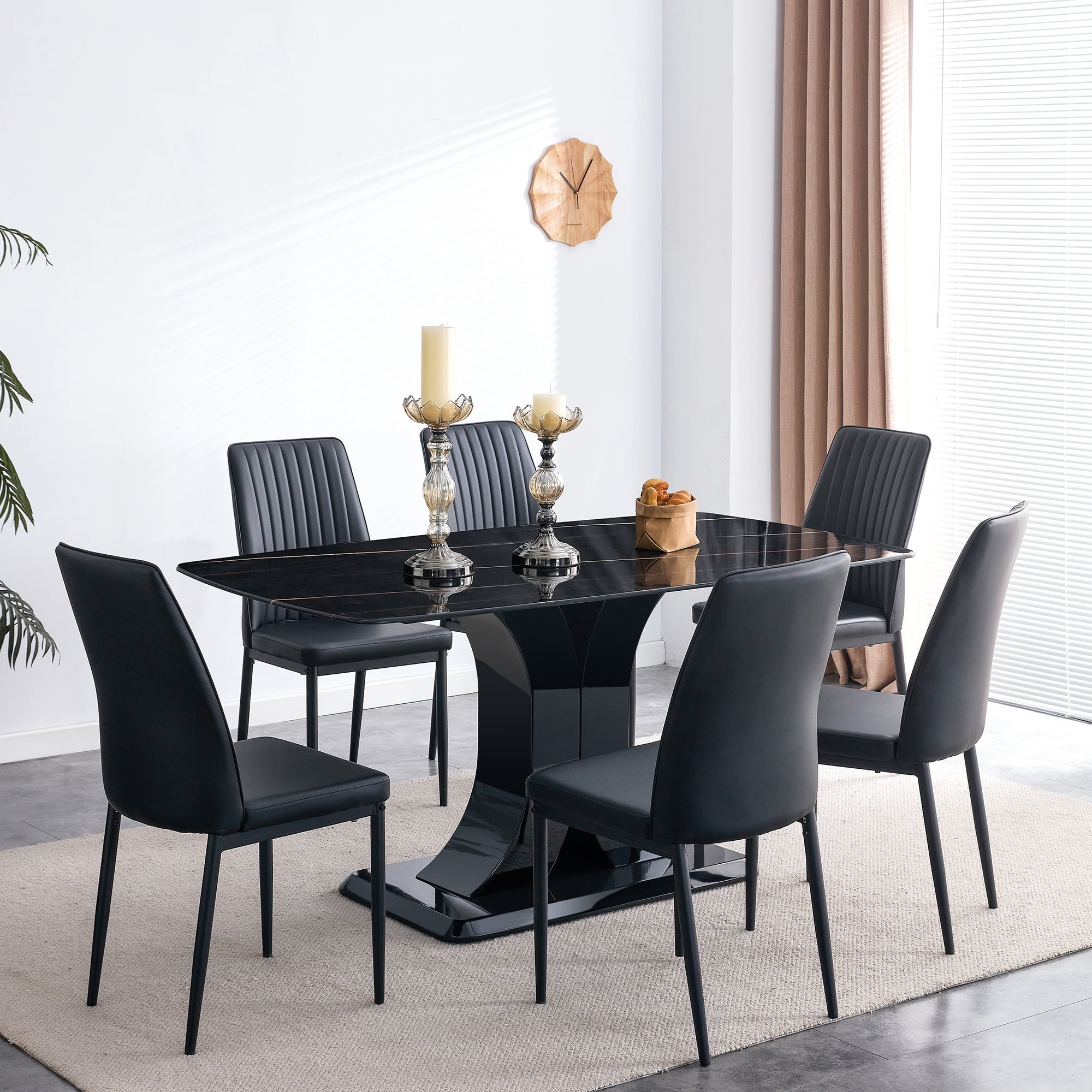7 Piece Dining Table Set, Atumon Dining Room Set with 6 Black PU ...