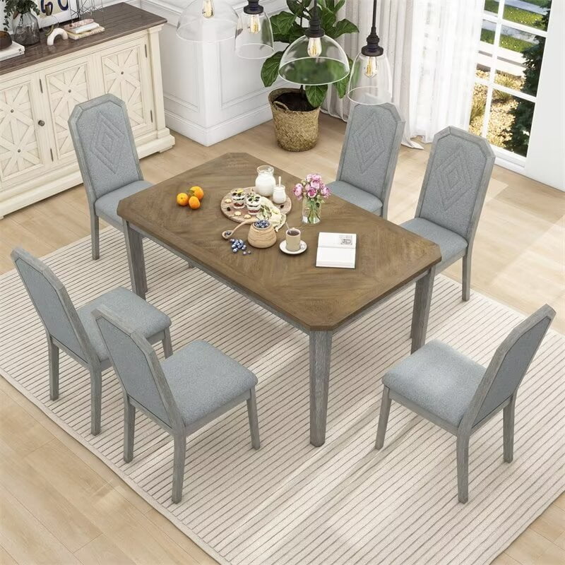 7-Piece Dining Table Set，Farmhouse Rustic Rectangular Table and 6 High ...