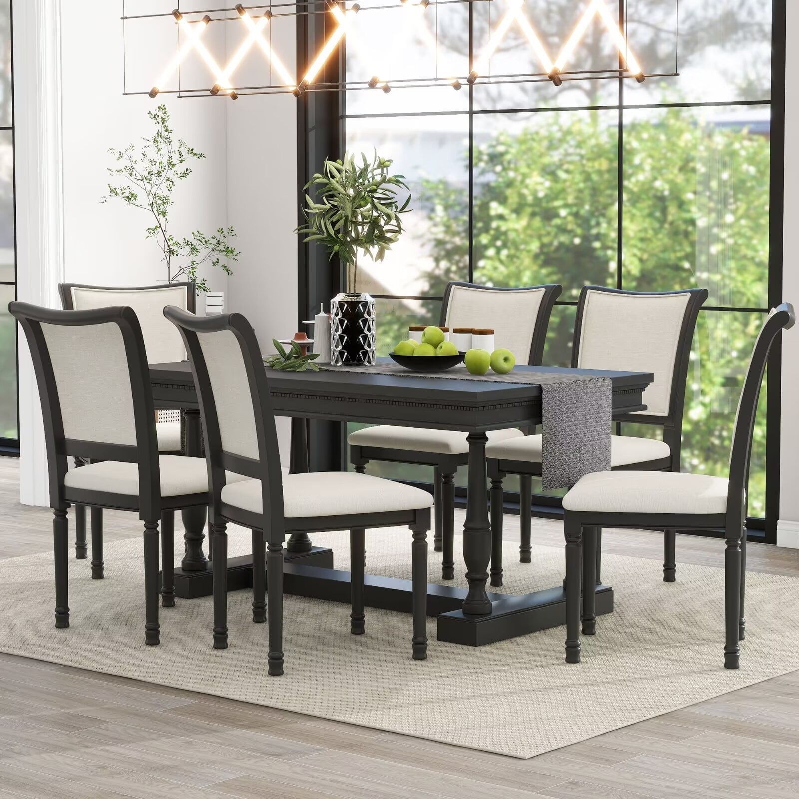 7-Piece Dining Table Set, Rectangular Dining Table with 4 Trestle Base ...