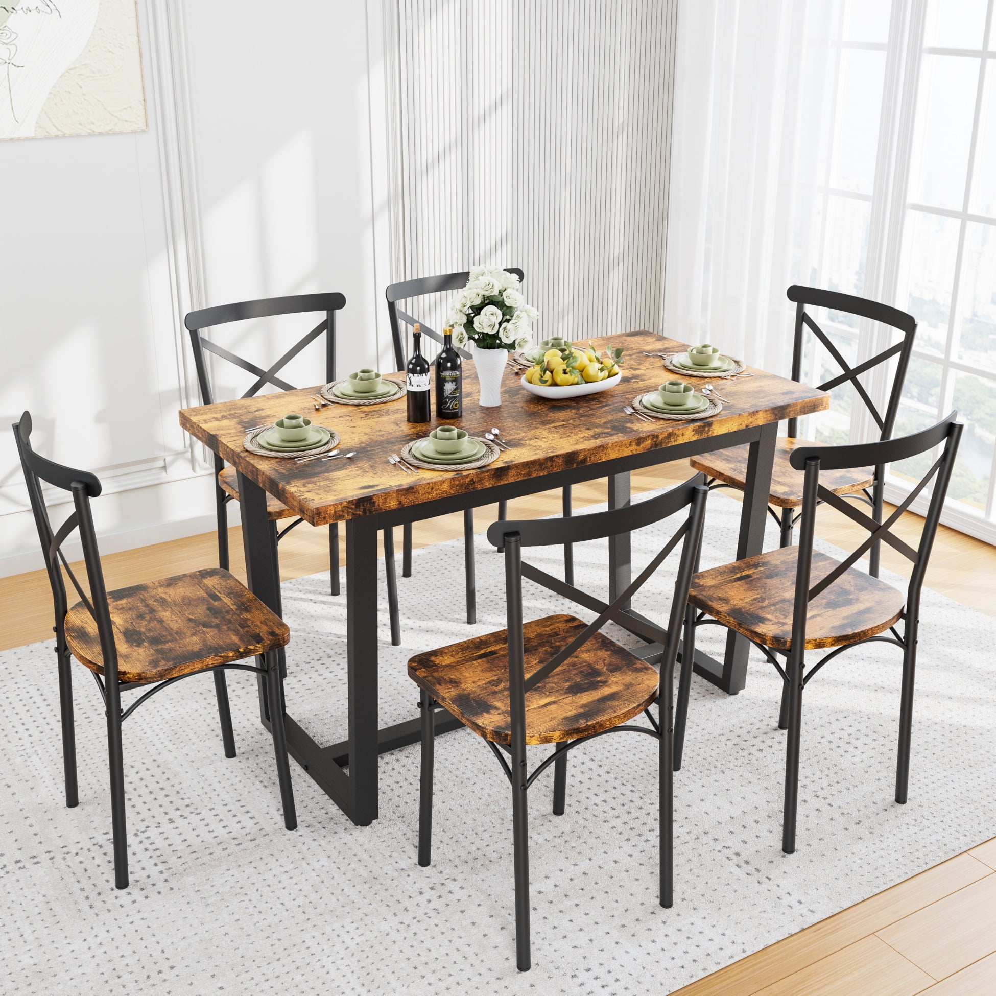 7-Piece Dining Table Set with Tempered Glass Top - Compact 52" Table ...