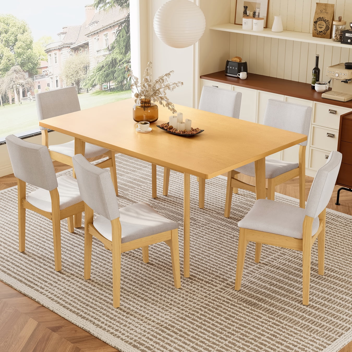 7-Piece Dining Table Set, Wooden Dining Roon Table and Stackable Chairs ...