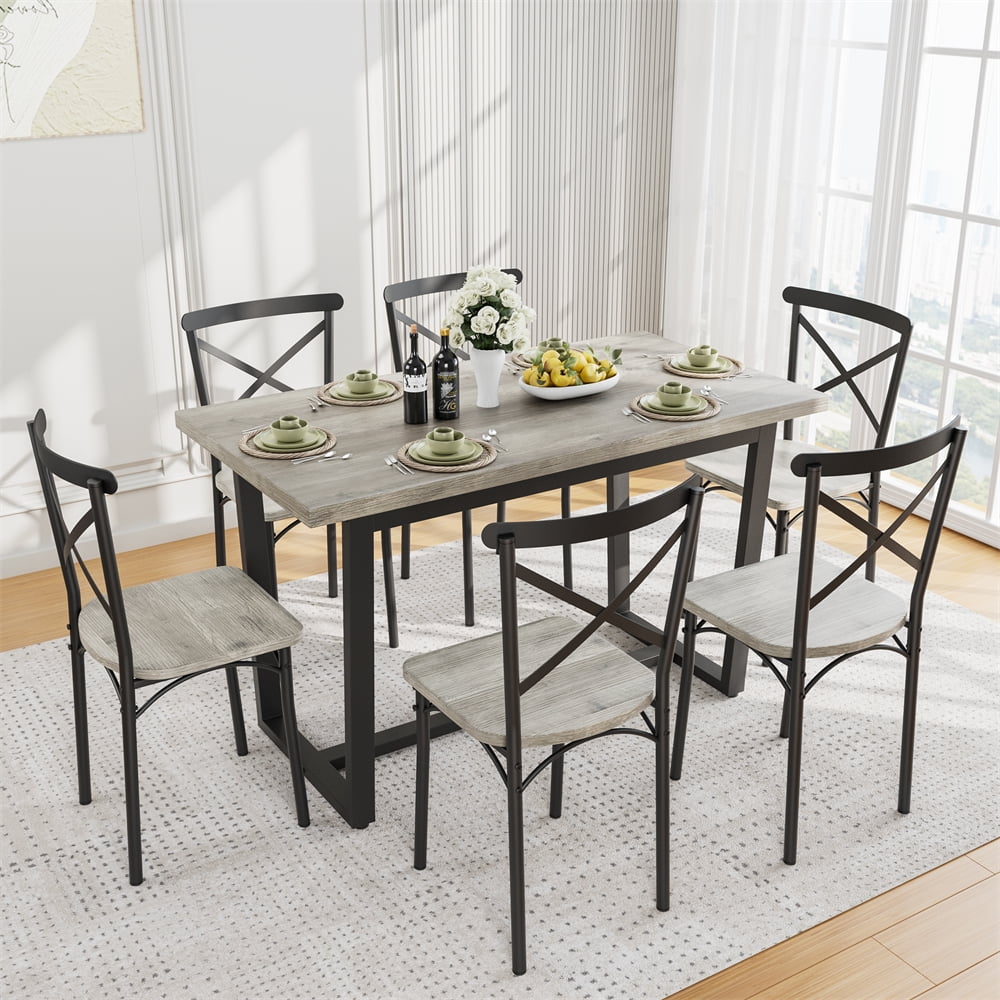 7 Piece Dining Table Set for 6 People, Farmhouse Rustic Kitchen Table ...