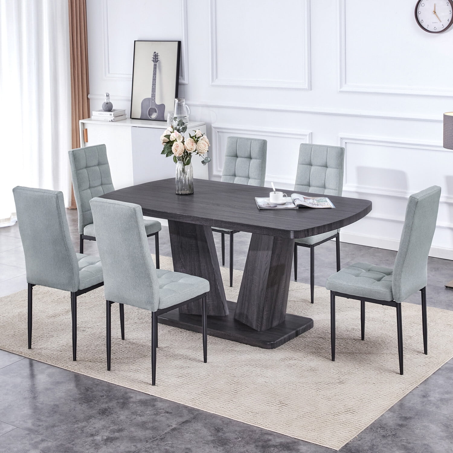 7-Piece Dining Table Set for 6 with Upholstered Chairs, 63" Rectangle ...