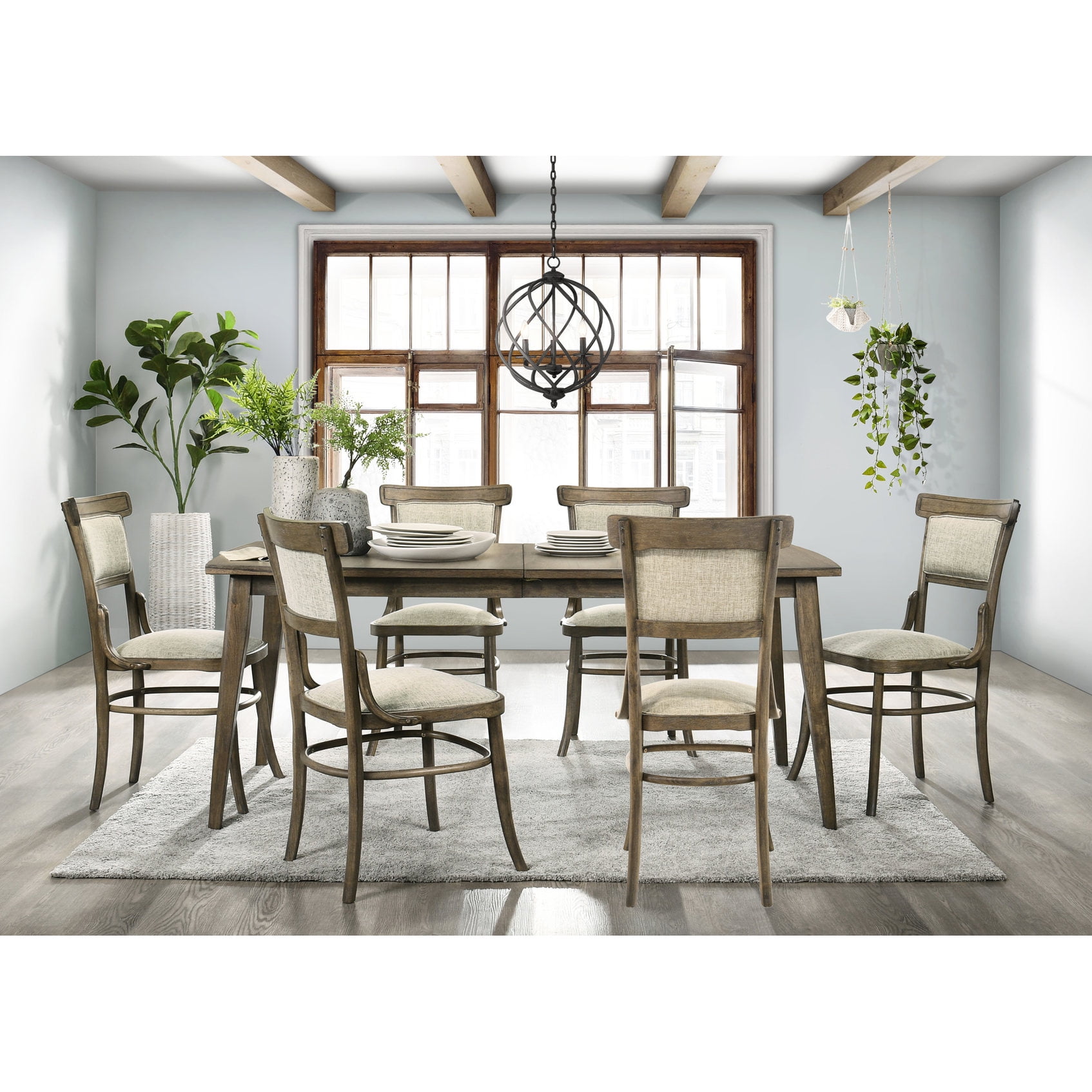 7 Piece Dining Table Set in Walnut with Off White Fabric Chairs ...