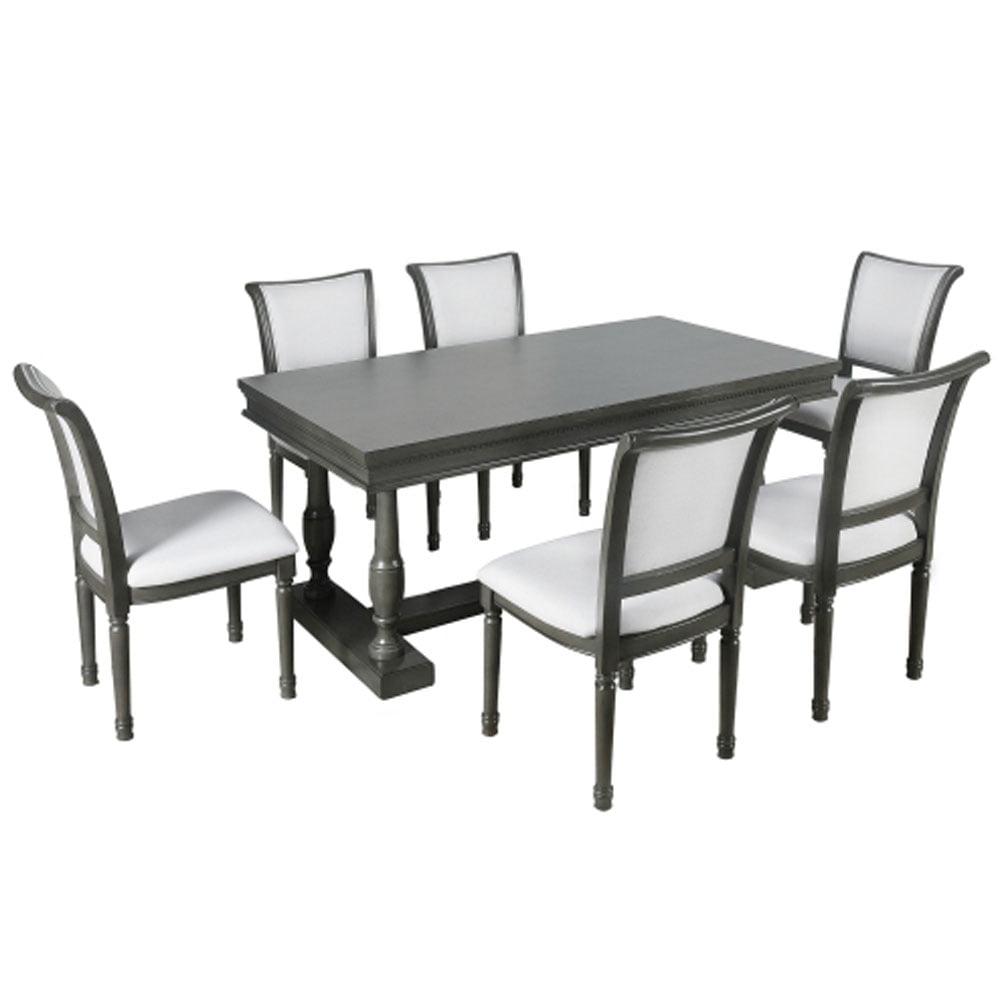 7-Piece Dining Table with 4 Trestle Base and 6 Upholstered Chairs with ...