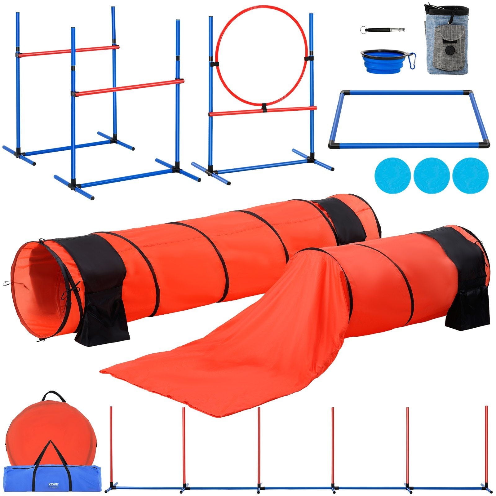 7-Piece Dog Agility Training Kit – Adjustable Hurdles, 2 Tunnels & Jump ...