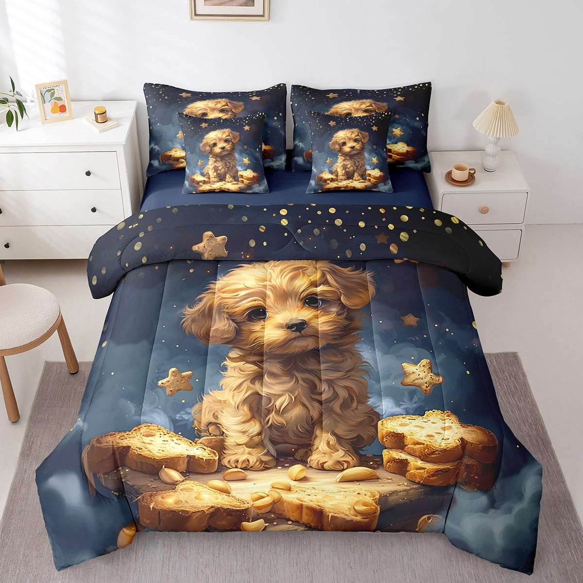 7 Piece Dog Comforter Set King Bed in a Bag,Cute Toast Food Bedding Set ...