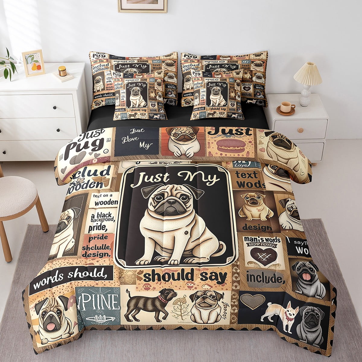 7 Piece Dog Print Queen Bed in a Bag Cute Cartoon Pug Dog Bedding Sets ...
