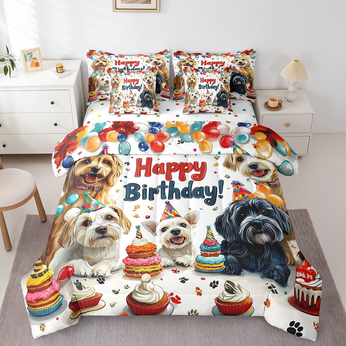 7 Piece Dog Twin Bedding Set with Sheets,Cake Dessert Birthday Themed ...