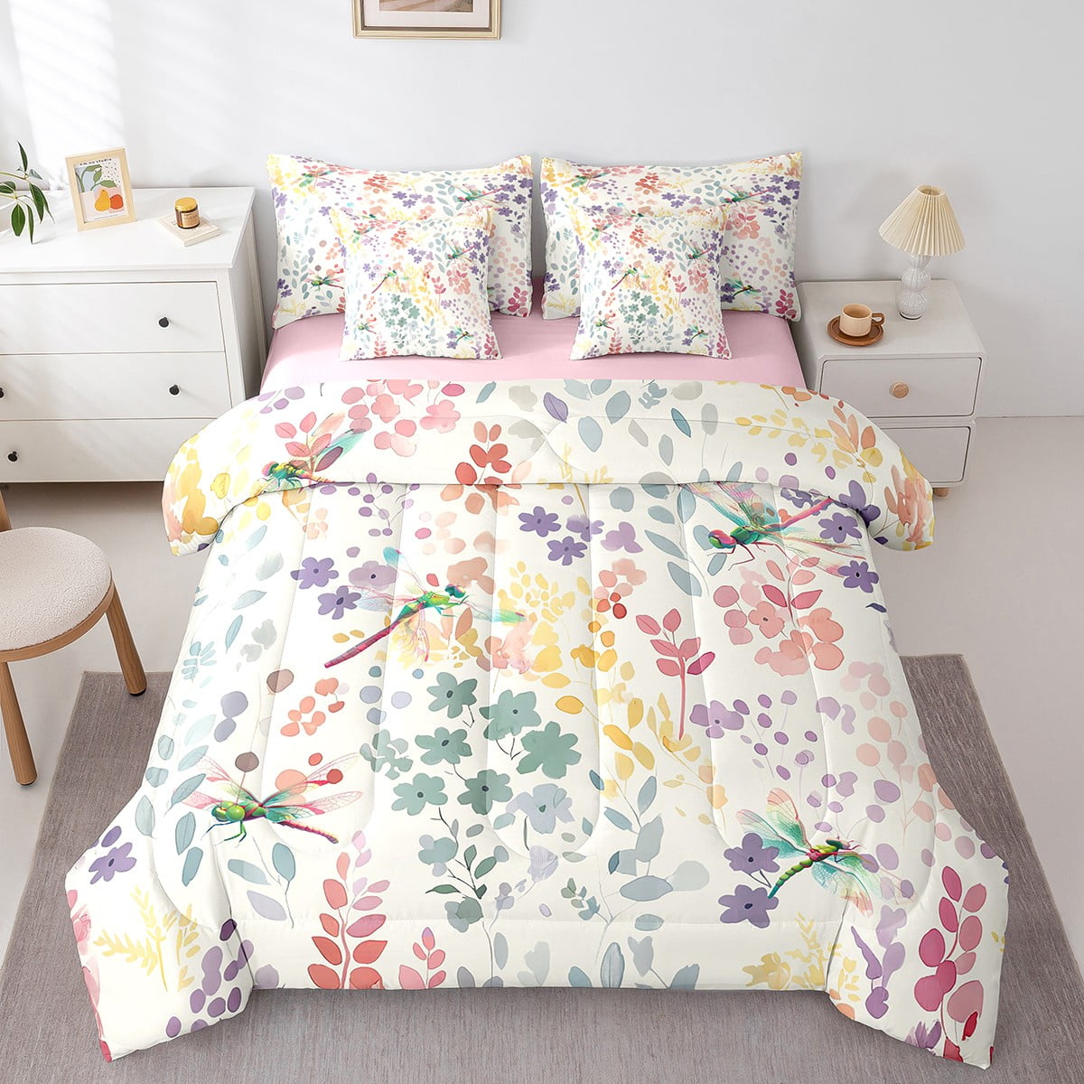 7 Piece Dragonfly Full Comforter Set,Colorful Floral Dragonfly Bedding ...