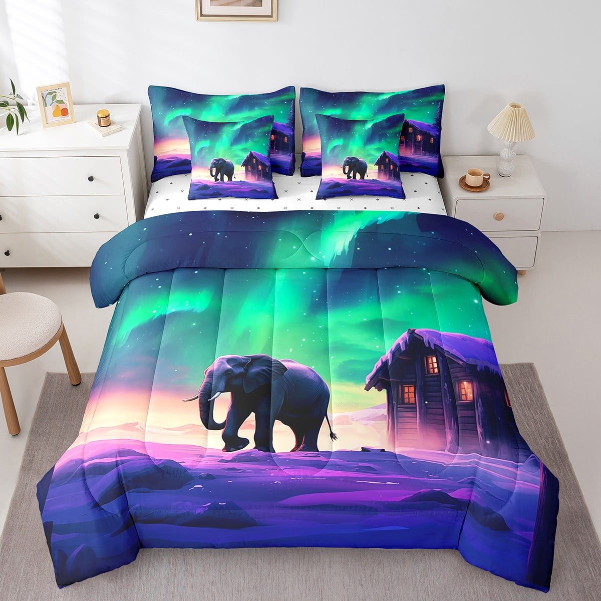 7 Piece Elephant Bedding Sets Full Size Green Aurora Decor Bed in a Bag ...