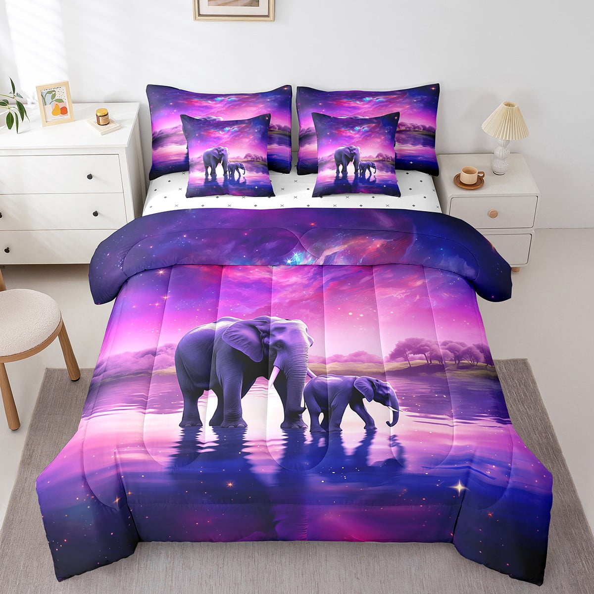 Elephants Bedding Twin Size 7pcs, Bed in a Bag 3D Wildlife Galaxy ...