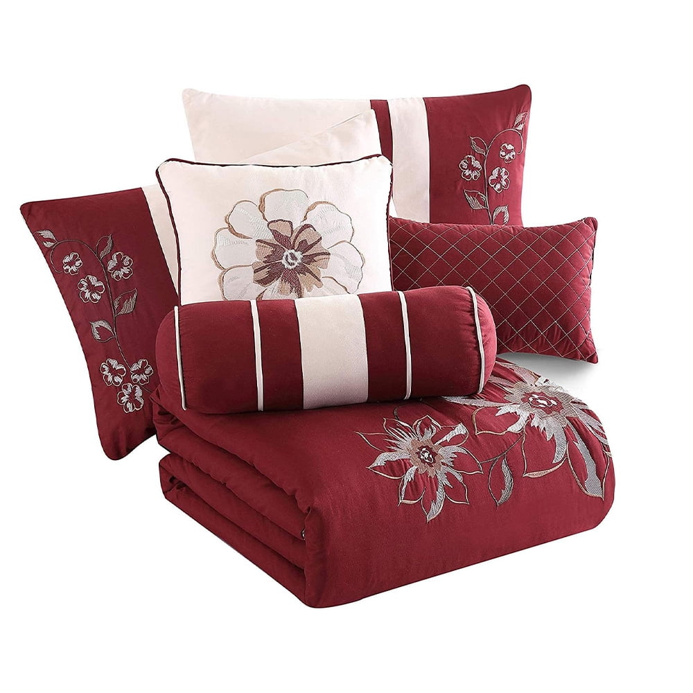 7-Piece Embroidered Floral Comforter Set, Soft and Comfortable Beddings ...