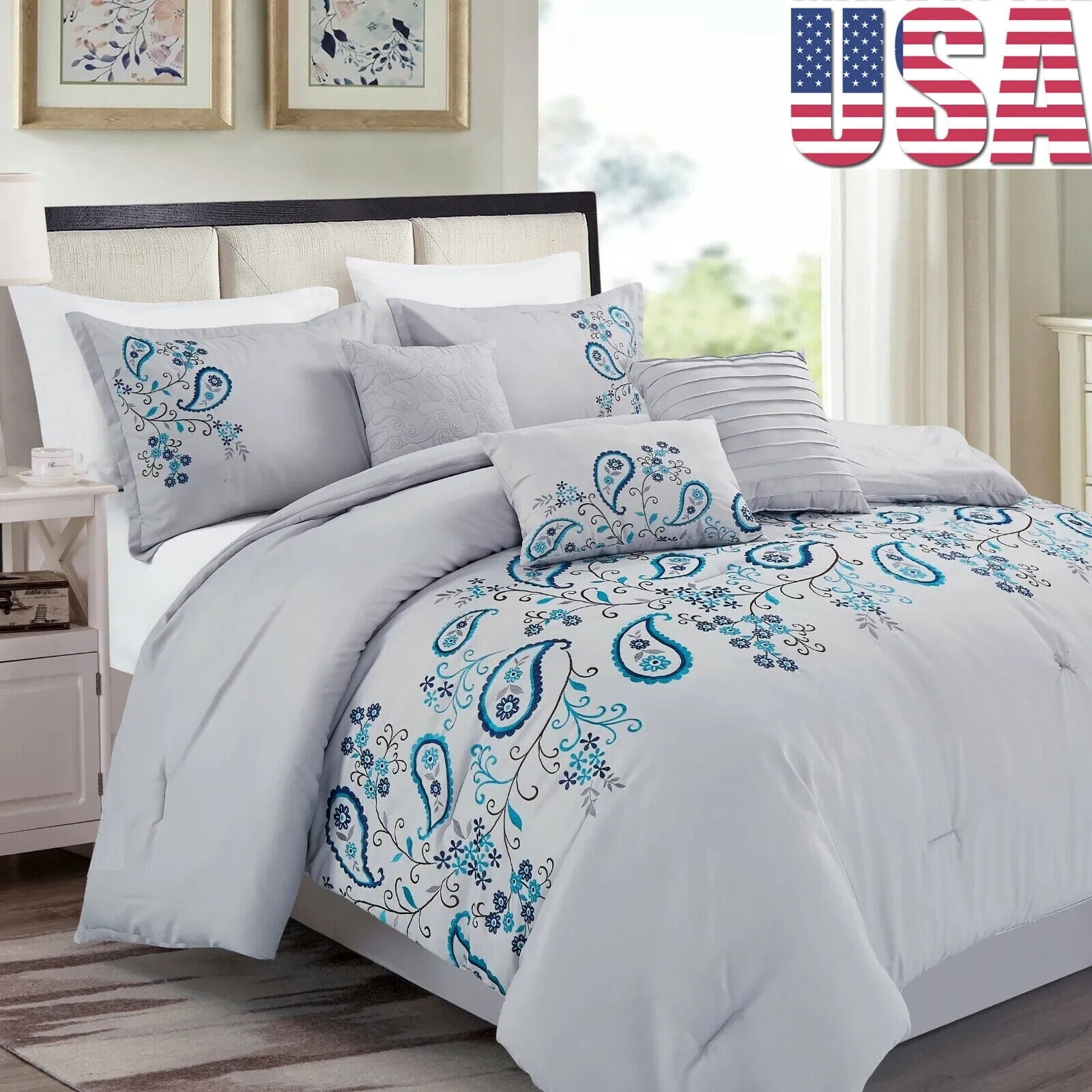 7 Piece Embroidery Comforter Set Down Alternative Comforter Bedding ...