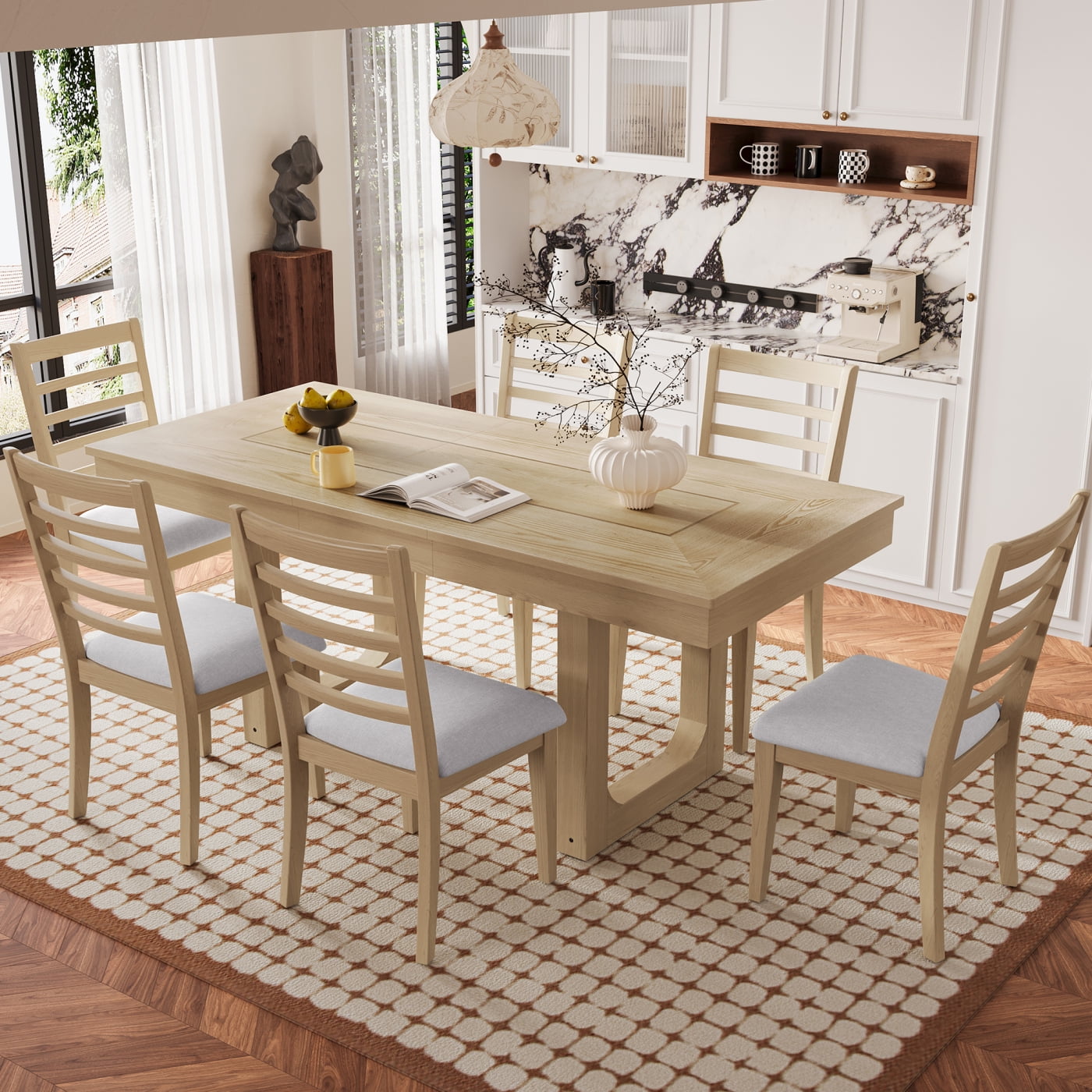 7 Piece Expandable Dining Table Set, 60"-78" Extendable Farmhouse Table ...