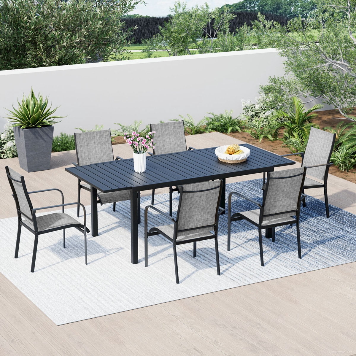 7-Piece Expandable Patio Dining Set w/6 Textilene Chairs & 1 Extendable ...