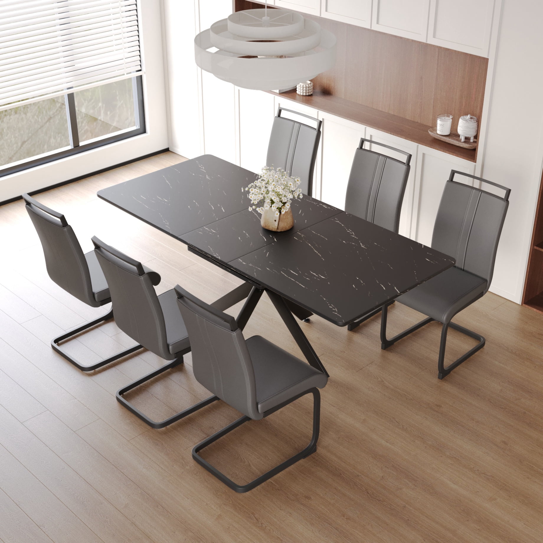 7-Piece Extensible Kitchen Table Chairs Set,6-Piece C-Shaped Tube Soft ...
