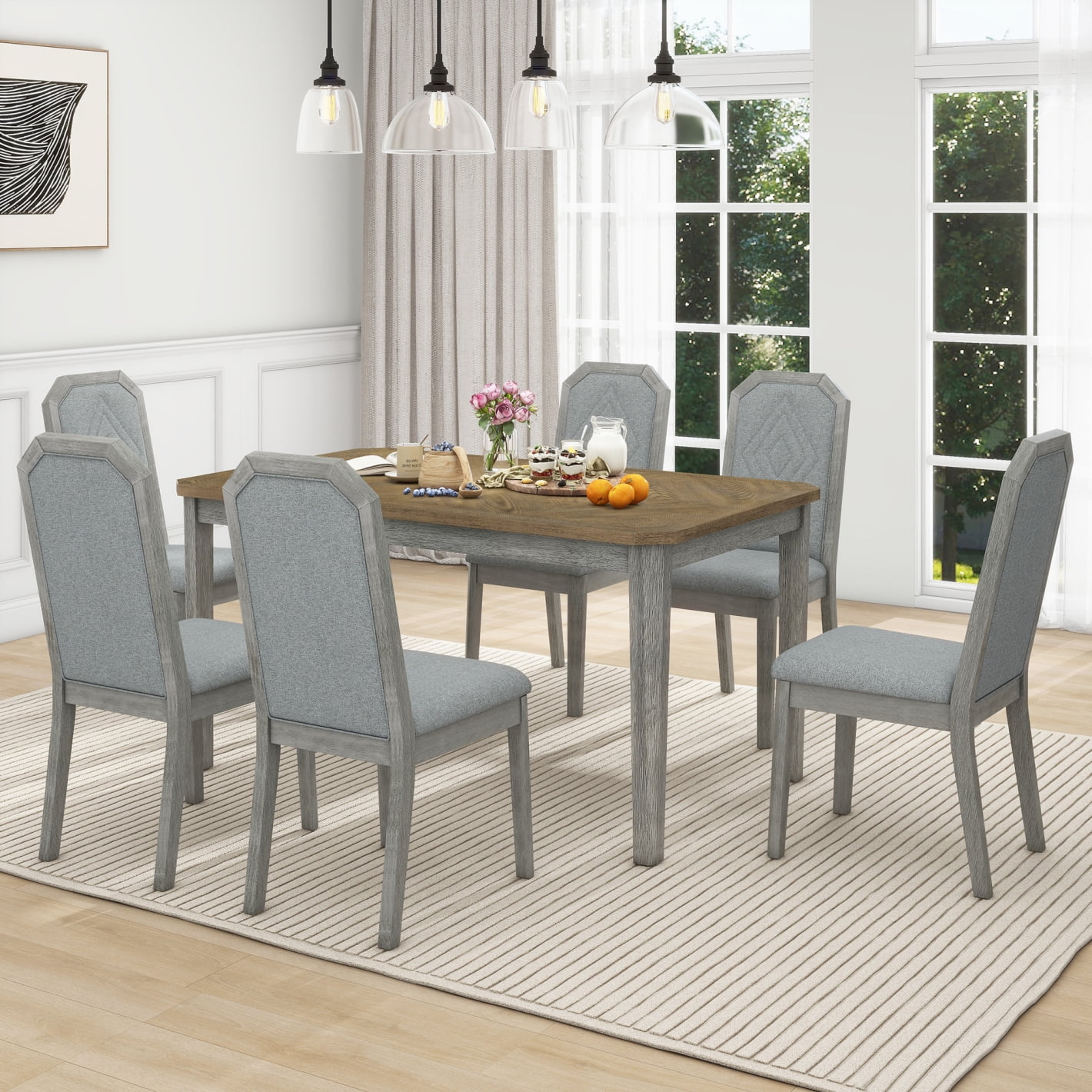 7-Piece Farmhouse Dining Set, Classic Rustic Rectangular Dining Table ...