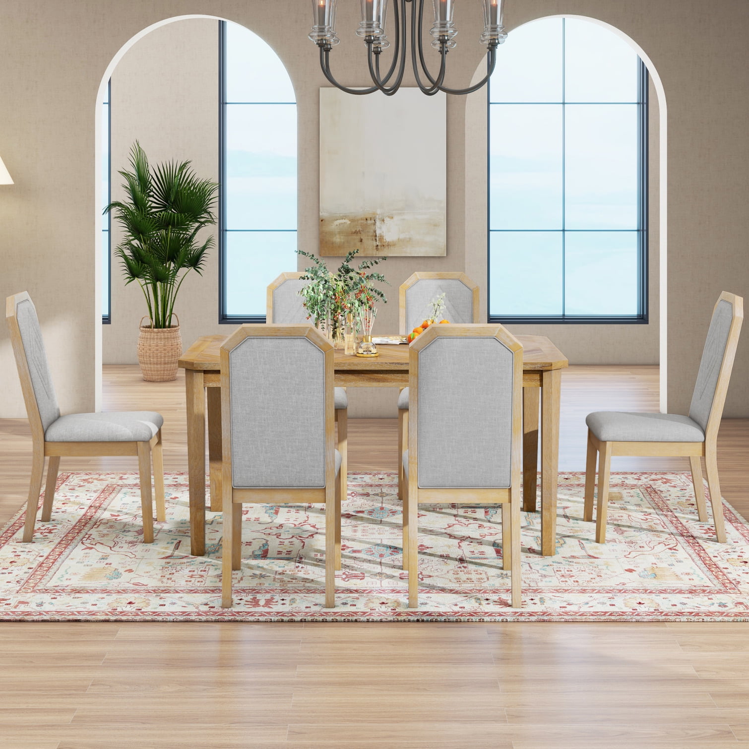 7-Piece Farmhouse Dining Set, Classic Rustic Rectangular Dining Table ...