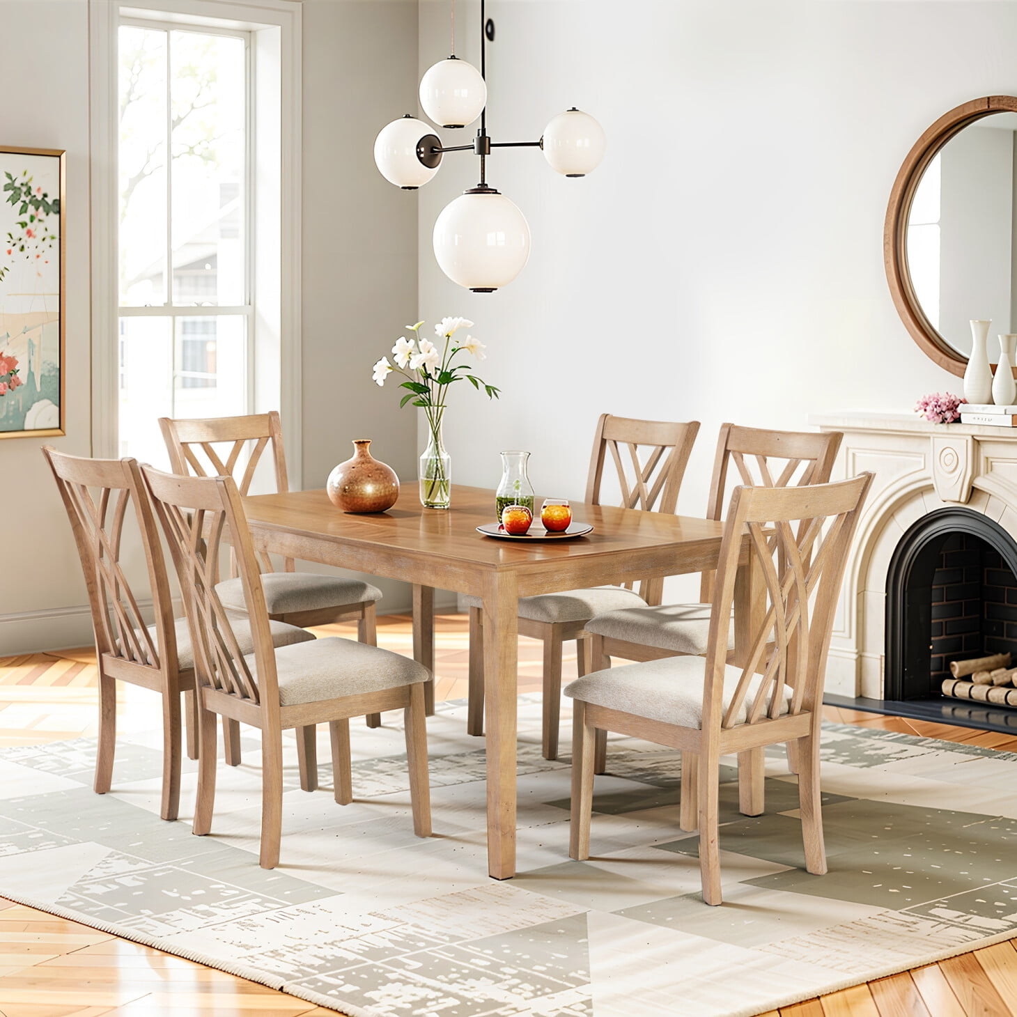 7-Piece Farmhouse Solid Wood Dining Table Set with 6 Upholstered Chairs ...