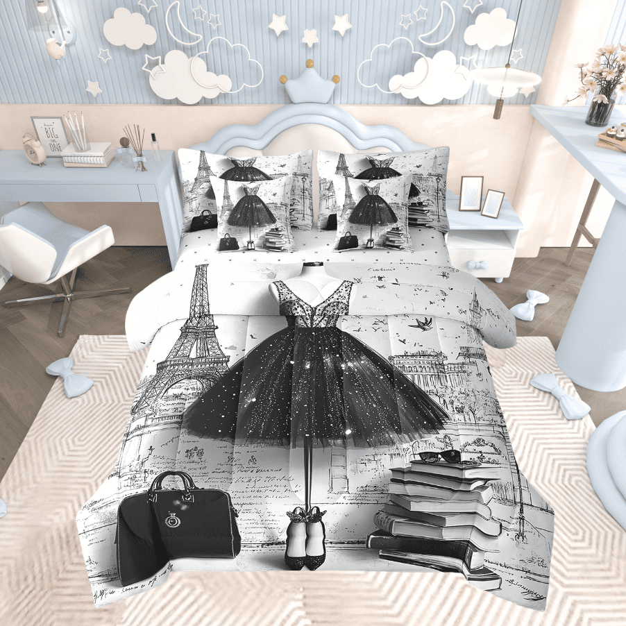 7 Piece Fashion Blakc Bed in a Bag Girly Dress Eiffel Tower Paris ...