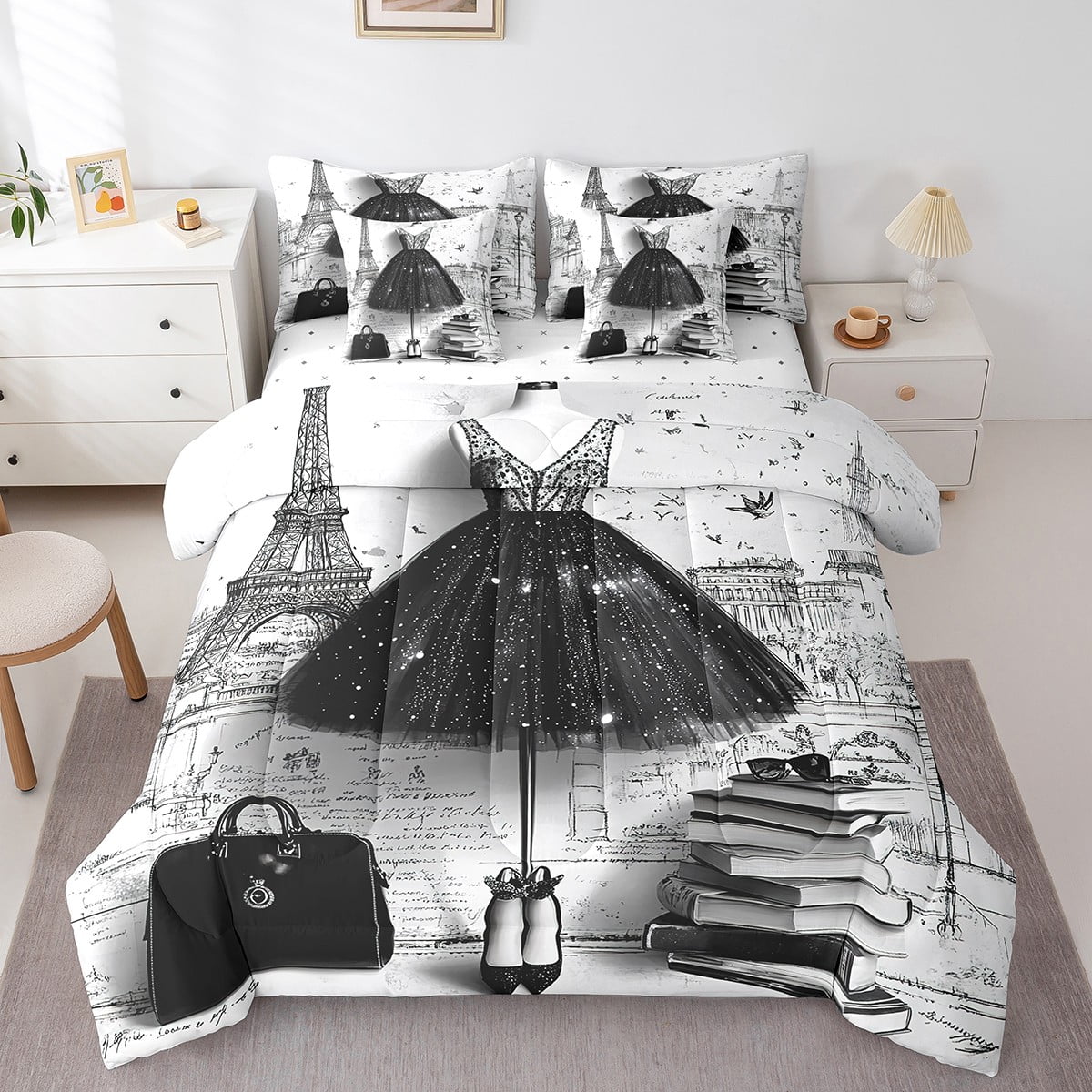 7 Piece Fashion Blakc Bed in a Bag Girly Dress Eiffel Tower Paris ...
