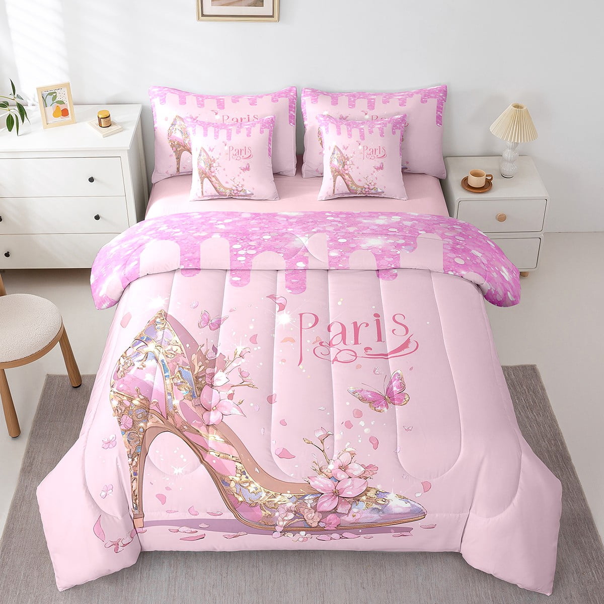 7 Piece Fashion Pink Bed in a Bag Romantic Makeup Themed Bedding Sets ...