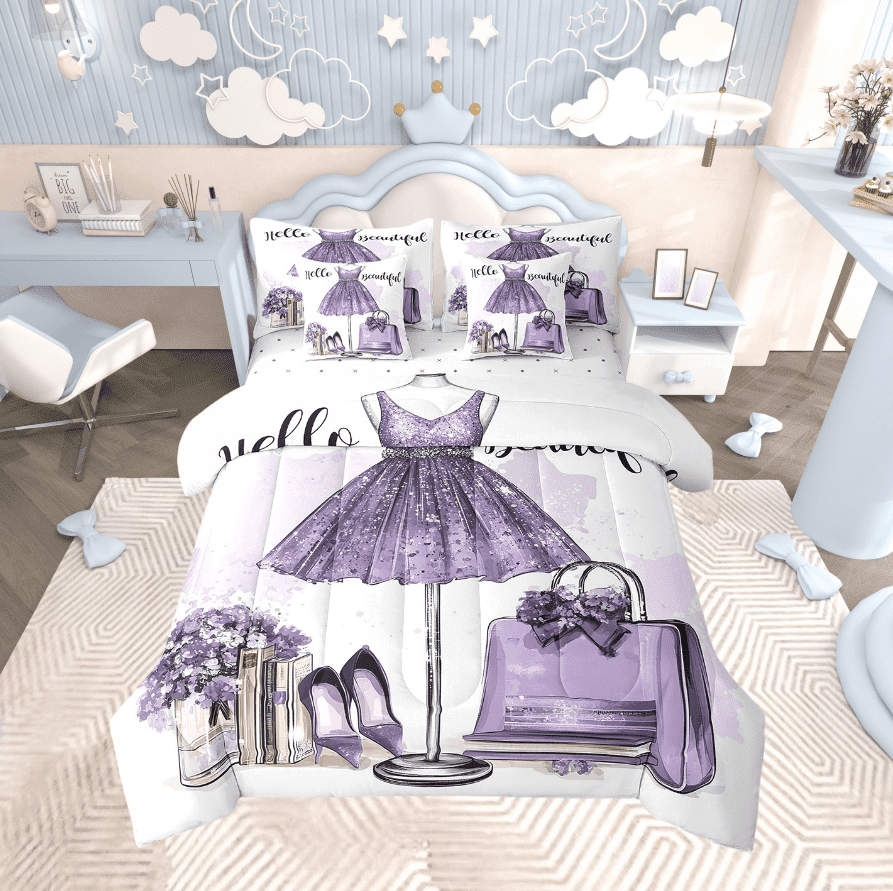 7 Piece Fashion Purple Bed in a Bag King Size Modern Girly Bedding Sets ...
