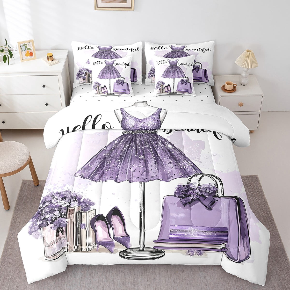 7 Piece Fashion Purple Bed in a Bag Twin Size Modern Girly Bedding Sets ...