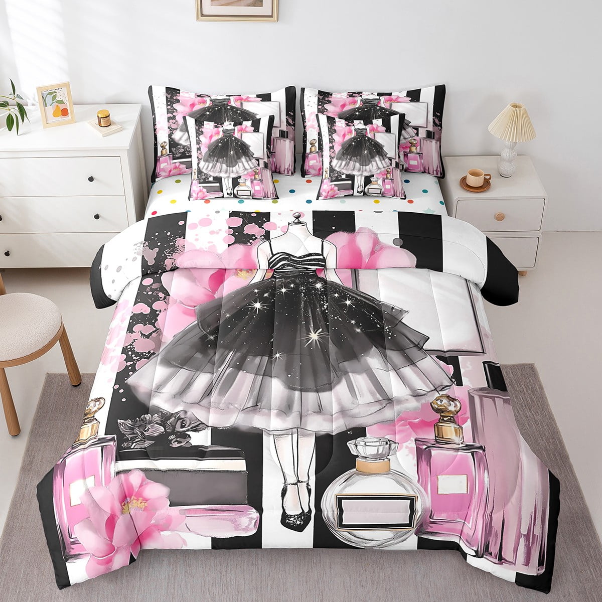 7 Piece Fashion Woman Dress Bed in a Bag Modern Black White Stripe ...