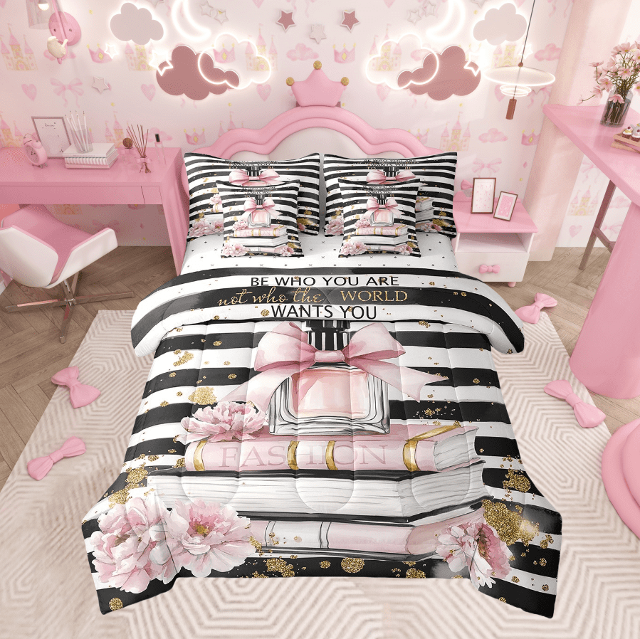 7 Piece Fashion Woman Dress Bedding Sets Golden Polka Dots Bed in a Bag ...