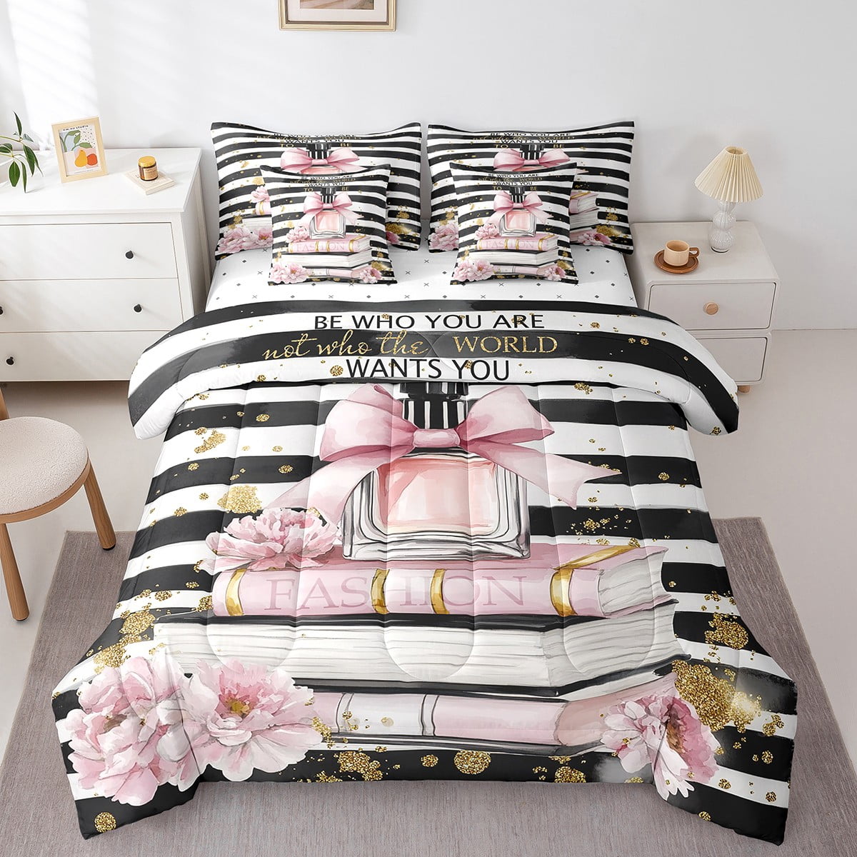 7 Piece Fashion Woman Dress Bedding Sets Golden Polka Dots Bed in a Bag Twin for Girls Black ...