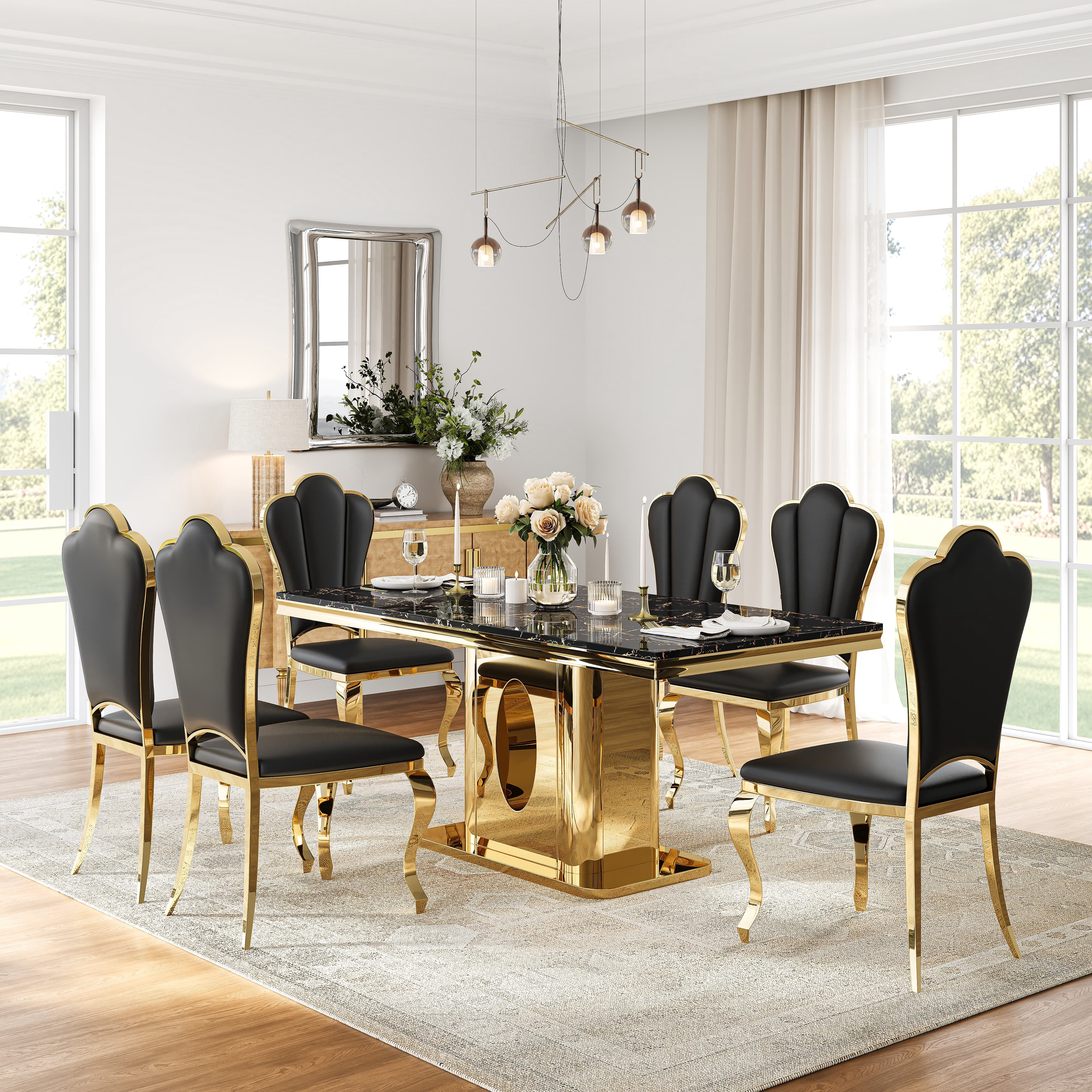 7-Piece Faux Marble Dining Table Set, Faux Marble Pattern Tabletop with ...